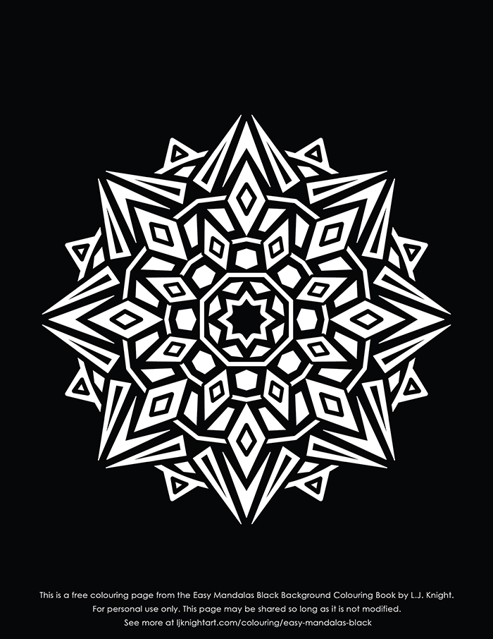 Free Easy Black Background Mandala Colouring Page | L.J. Knight Art